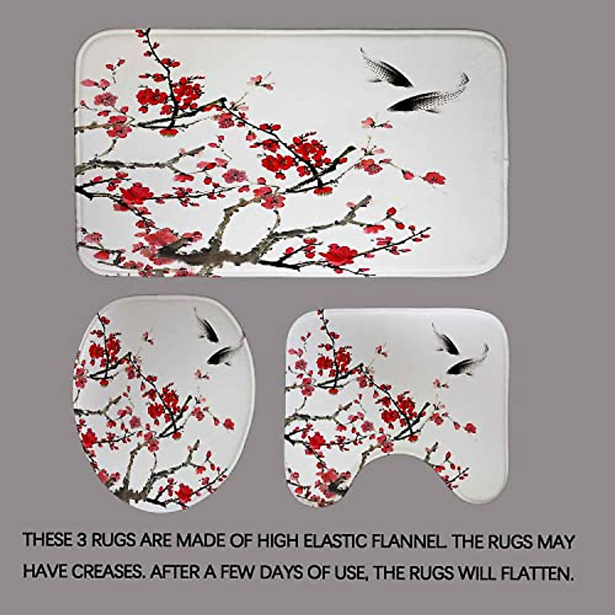 Dia Magico 4PCS Cherry Blossom Shower Curtain Set, Japanese Sakura Plum Blossom Red Flower Floral Branch Carp Koi Fish Asian Bathroom Decor, Waterproof Fabric White Shower Curtain, Non-Slip Bath Mat