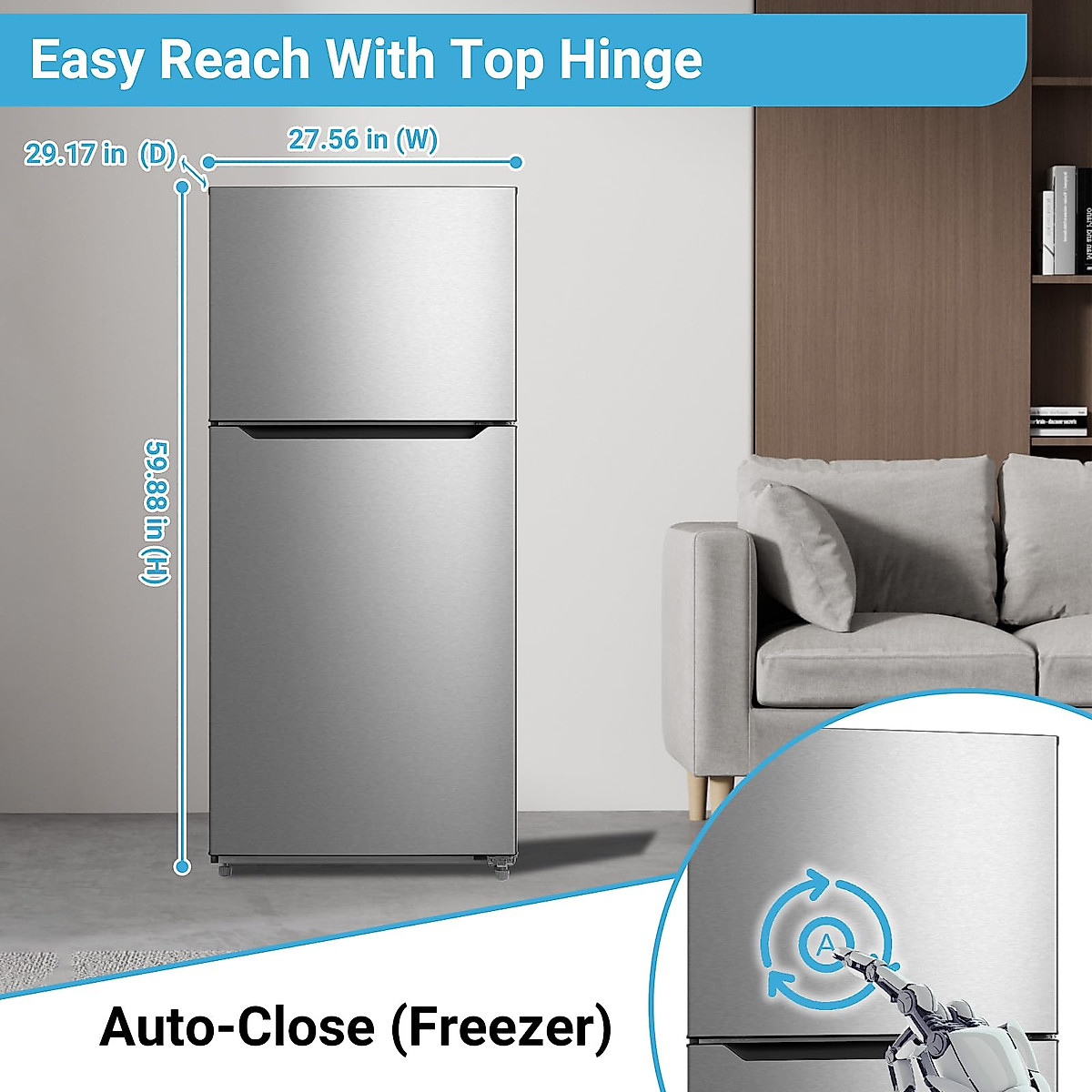 Smad Top Freezer Refrigerator with Reviseble Door 13.9 Cu.ft Refrigerators with Freezer Adjustable Temperature Garage Ready Refrigerator for Home Dorm Kitchen Stainless Steel