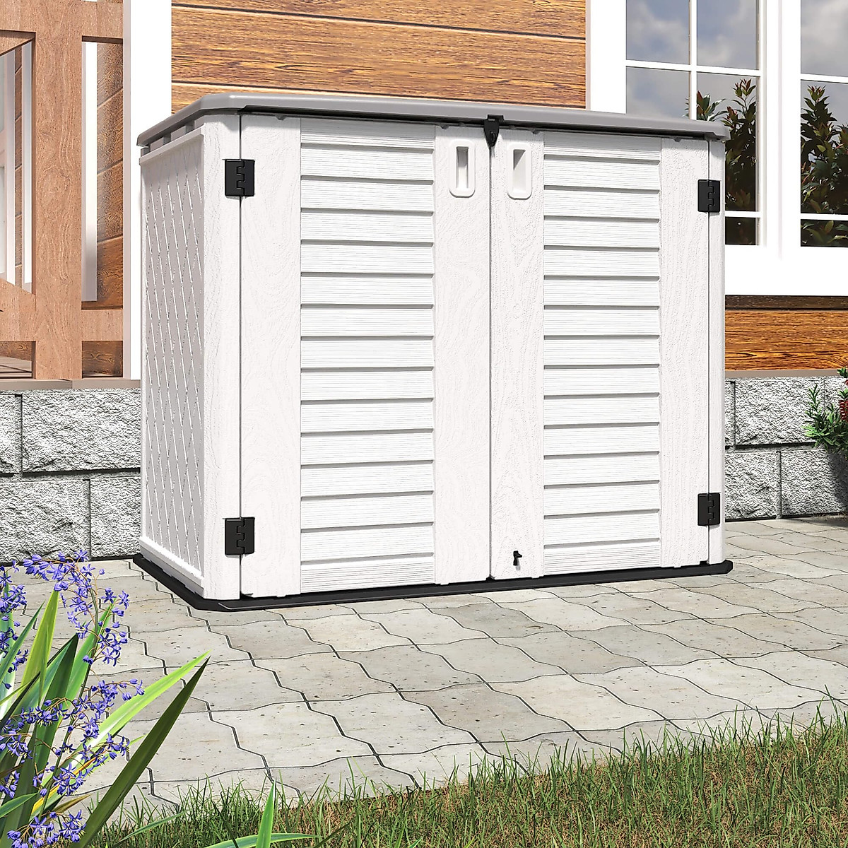 HOMSPARK Storage Shed Weather Resistance, Multi-Purpose Outdoor Storage Cabinet Waterproof, Outdoor Storage Cabinet for Bike, Garbage Cans, Lawnmower, Garden Accessories (off white, Standard-26 cu ft)
