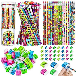 Aodaer 144 Pieces Welcome Back to School Pencils and Pencil Sharpeners First Day of School Student Pencils with Erasers and Bucket for Classroom Reward Prizes School Supplies,12 Styles