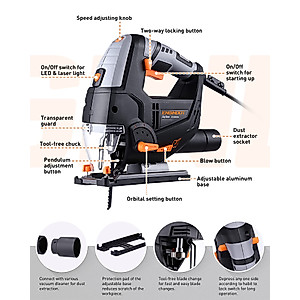 6.7 Amp 800W Jigsaw, ENGiNDOT (800-3000 SPM) Jig Saw with 6 Variable Speed, Laser & LED, 4 Orbital Sets, 6 Blades, 45° Bevel Cutting, Scale Ruler, Dust Blowing for Wood, Metal and Plastic Cutting