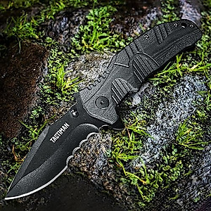 TACTIMAN Pocket Folding Knife Survival Gear Tactical Knife with Liner Lock Stainless Steel Blade in Black Oxidation G10 Handle Reversible Pocket Clip Gifts for Men Dad Husband