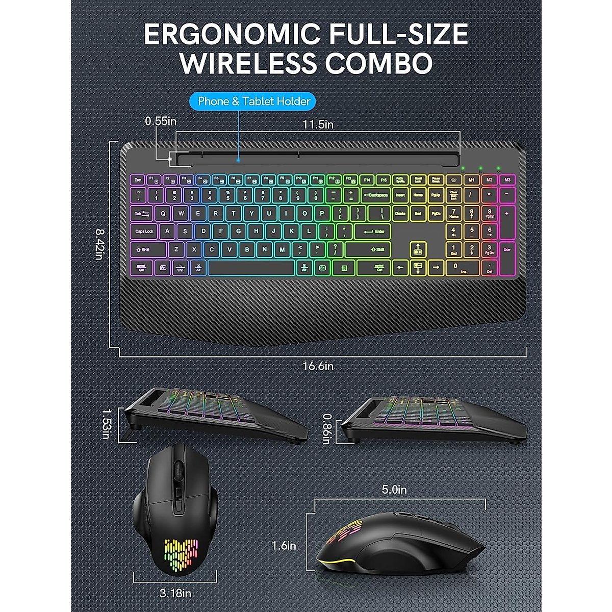 Wireless Keyboard and Mouse with 9 Colored Backlit, Wrist Rest, Jiggler Mouse, Rechargeable Silent Ergonomic Light Up Keyboard Mouse Combo with Phone Holder for Windows, Mac, PC, Laptop