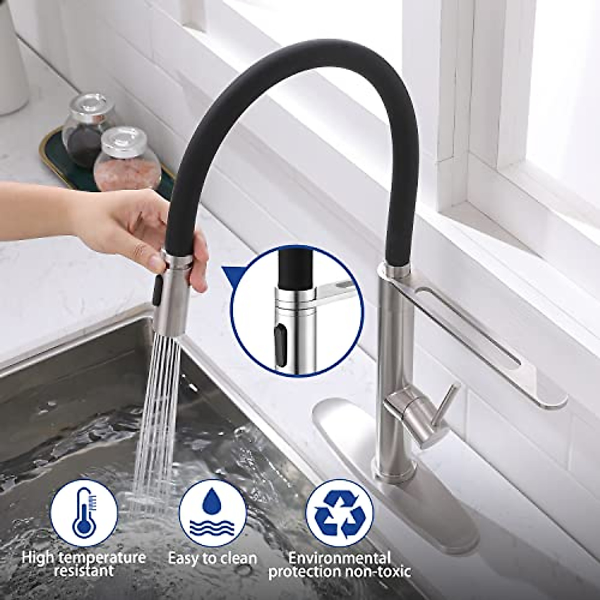 Deseegoal Kitchen Faucet with Silicone Tube, Single Handle Sink Faucet, 360° Rotatable High Arc Single Hole Kitchen Sink Faucet Brushed Nickel, 304 Stainless Steel, 17.7 Inch High