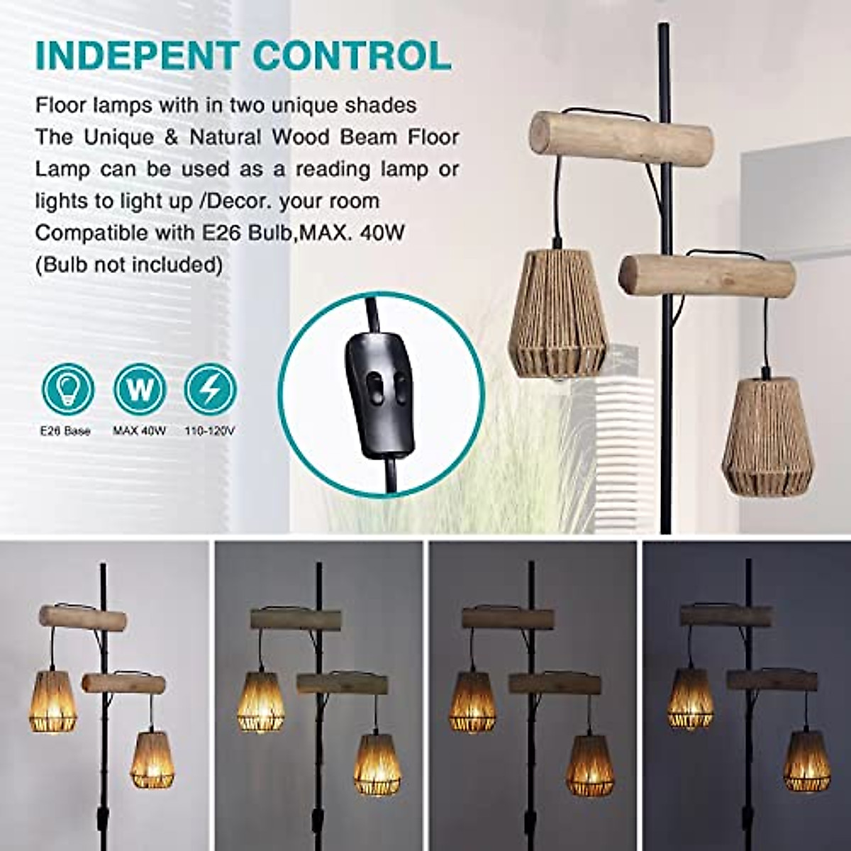 Boho Floor Lamp 2-Lights Floor Lamp with Rattan Lampshades,Farmhouse Floor Lamps indenpendant Control Switch,Rustic Tall Standing lamp 68 Inch,Unique Floor Lamps for Living Room Bedroom Office