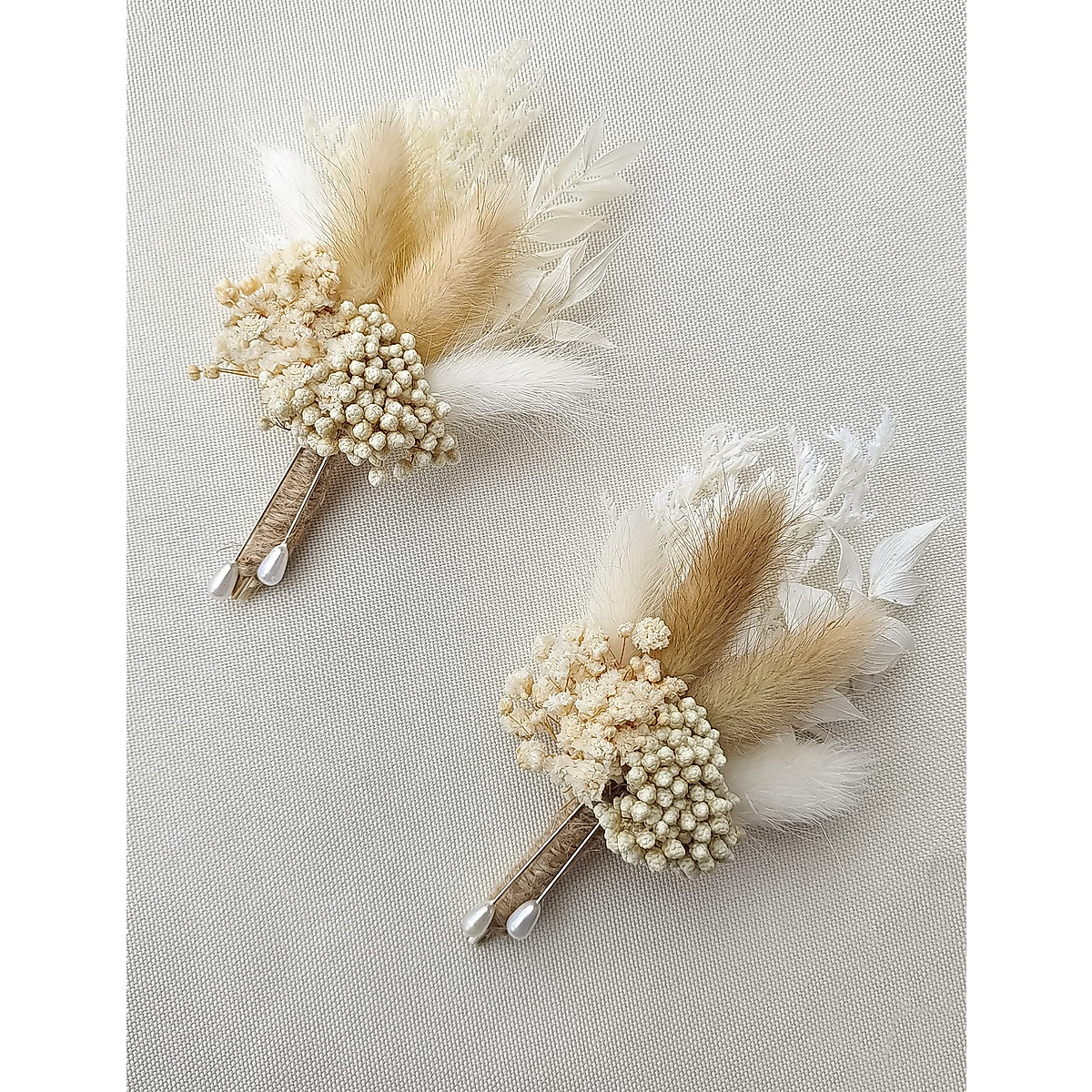 Dried Flowers Boutonnieres Set of 2 for Men Boho Fall Wedding Grooms Buttonhole Rustic Best Man Pampas Grass Dry Flower Decoration (Beige)