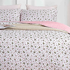 Nanko Quilt Set Queen Full Size 3 Pcs, White and Pink Floral Green Flower Pattern Bedspreads, Soft Lightweight Coverlet Bed Spreads, Farmhouse Thin Quilted Comforter Bedding Sets for Women Girls 90x90