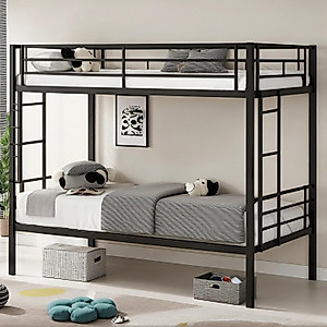 PVWIIK Twin Over Twin Metal Bunk Bed for Kids Boys Girls,Metal Structure Bedframe with Ladders & Guardrail,Convertible 2 Beds,No Spring Box Required,Black