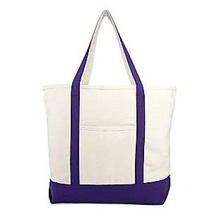 DALIX 22" Extra Large Cotton Canvas Zippered Shopping Tote Bag in Purple