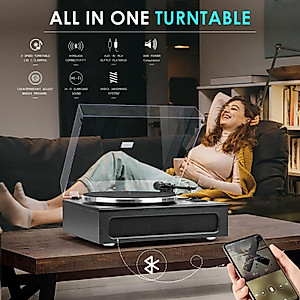 All-in-One Record Player High Fidelity Belt Drive Turntable for Vinyl Records Built-in 2 Tweeter and 2 Bass Stereo Speakers, Vinyl Player with MM Cartridge, Bluetooth, Aux-in, RCA, Auto Stop Black
