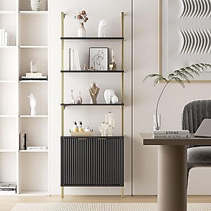 Ladder Bookshelf with Cabinet, 71" Tall Wall Mounted Bookcase with Shelves & Storage, Fluted Ladder Shelf with Metal Frame, 5-Tier Display Rack for Living Room, Home & Office, Bedroom, Black & Gold