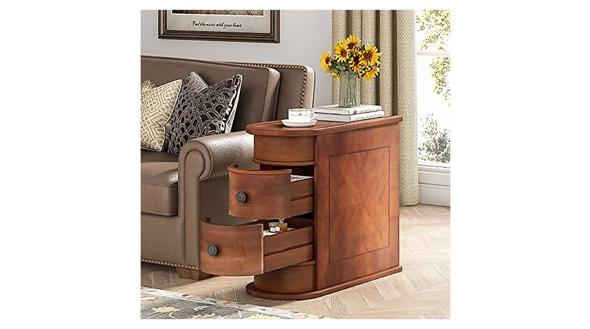 LITTLE TREE Vintage Wood End Table with 2 Drawers - No Assembly