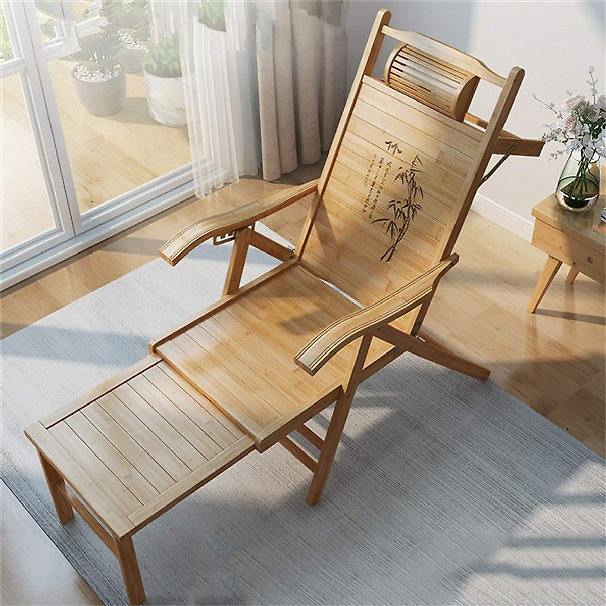 CHLDDHC 5-Gear Adjustable Recliner Chair, Folding Natural Durable Bamboo Lounge Seating for Outdoor Garden Patio Living Room Porch, Portable Deck Recliner