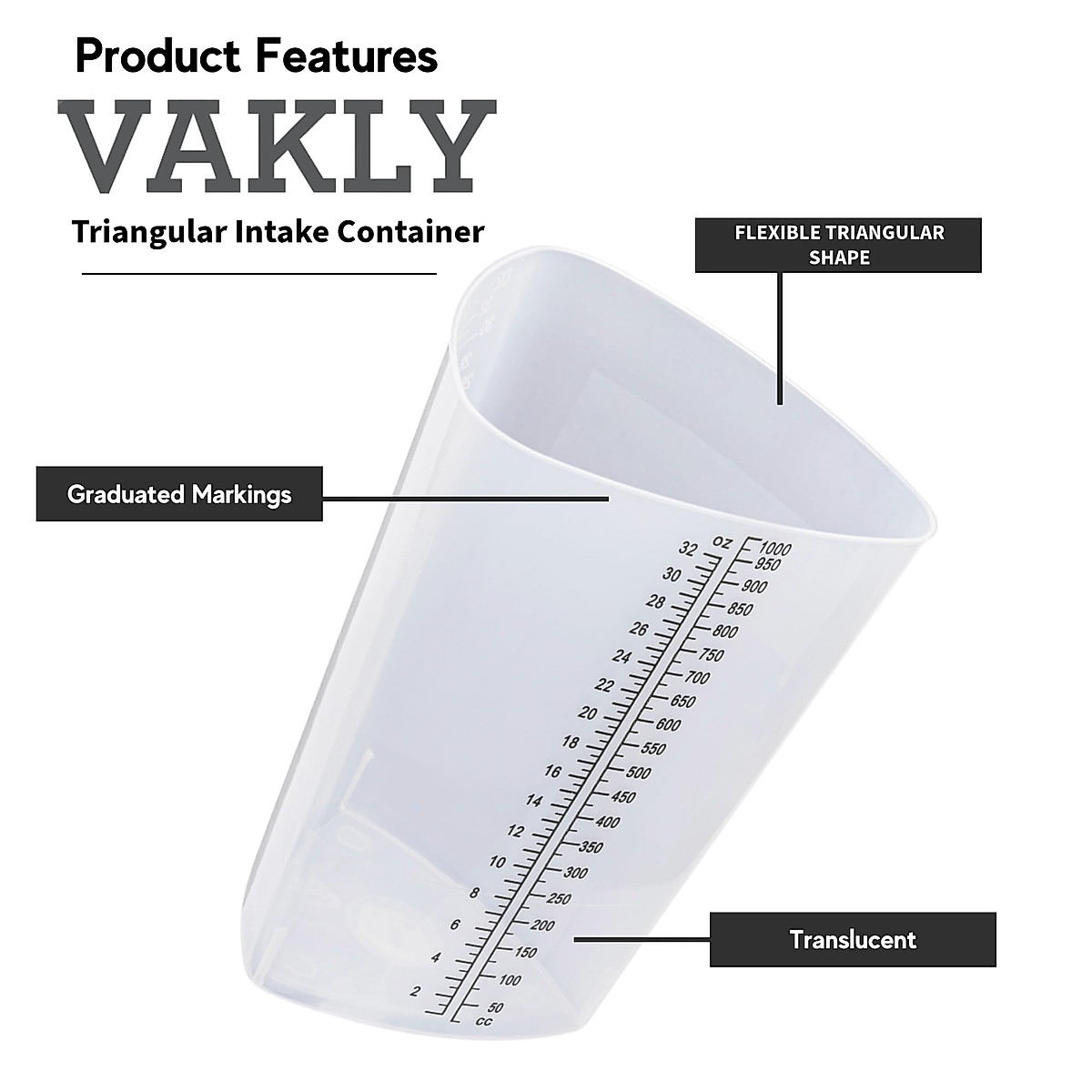 Plastic Graduated Triangular Intake Output Container [5 Pack] 32 Ounce Three-Sided Translucent Laboratory Beaker for Measuring and Mixing - Clear Markings in oz and cc - for Specimen, Paint and Epoxy