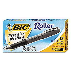 BIC GREM11BK Grip Stick Roller Ball Pen, Black Ink.5mm, Micro Fine, Dozen