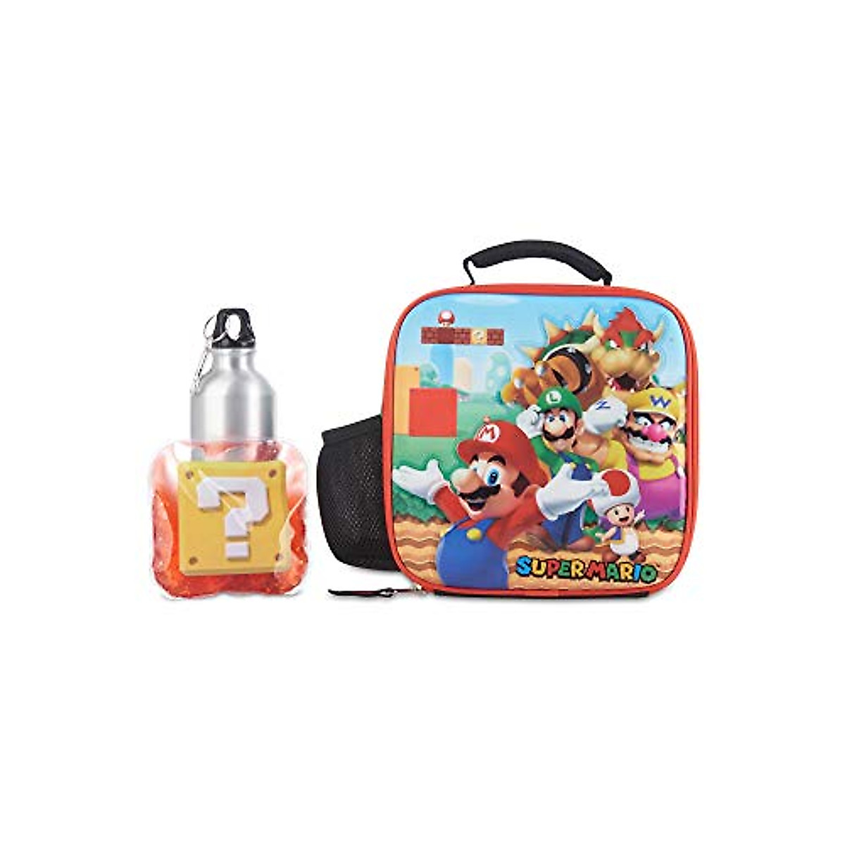 AI ACCESSORY INNOVATIONS Super Mario Bros Lunch Box Set for Boys & Girls, Stainless Steel Water Bottle with Carabiner Clip and Ice Pack, Insulated & Waterproof Lunch Bag with Zipper, 4 Pieces