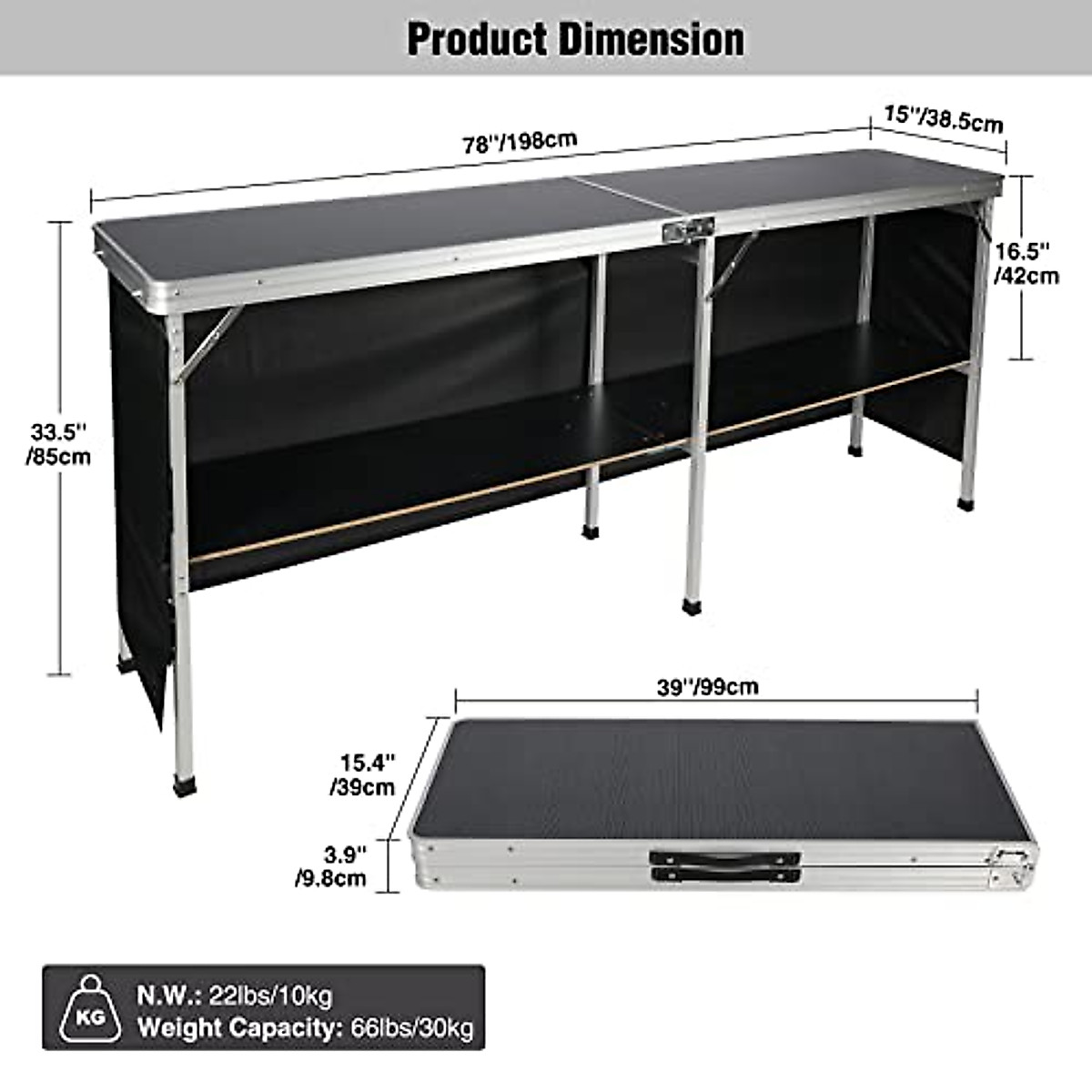 REDCAMP Extra Long Portable Bar Table with Bar Skirts and Storage Shelf, Pop-Up Bar Table for Party, Patio, 78"x33.5"x15",Black