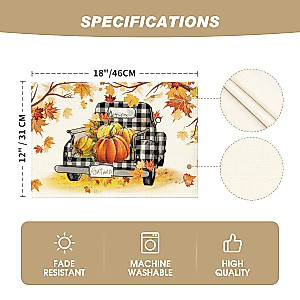 Artoid Mode Maple Leaves Pumpkins Buffalo Plaid Truck Placemats Set of 8, 12x18 Inch Fall Autumn Thanksgiving Harvest Table Mats for Dining Decoration