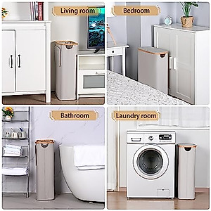 iEGrow 60L Slim Laundry Hamper With Lid, Foldable Clothes Basket with Bamboo Handles and Removable Inner Bag, Light Grey