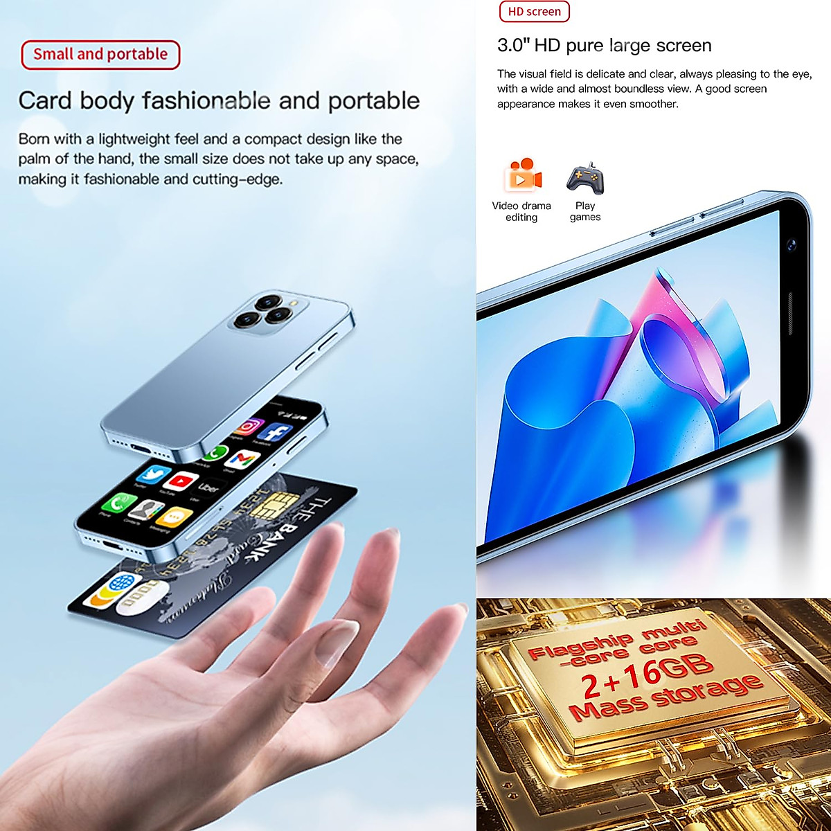 XS16 Mini 4G Smartphone 3.0 Inch Quad Core Dual Sim Ultra Thin Unlocked Android 10.0 Card Mobile Phone WiFi Bluetooth Hotspot Student Pocket Cellphone (Blue 2GB+ 16GB)