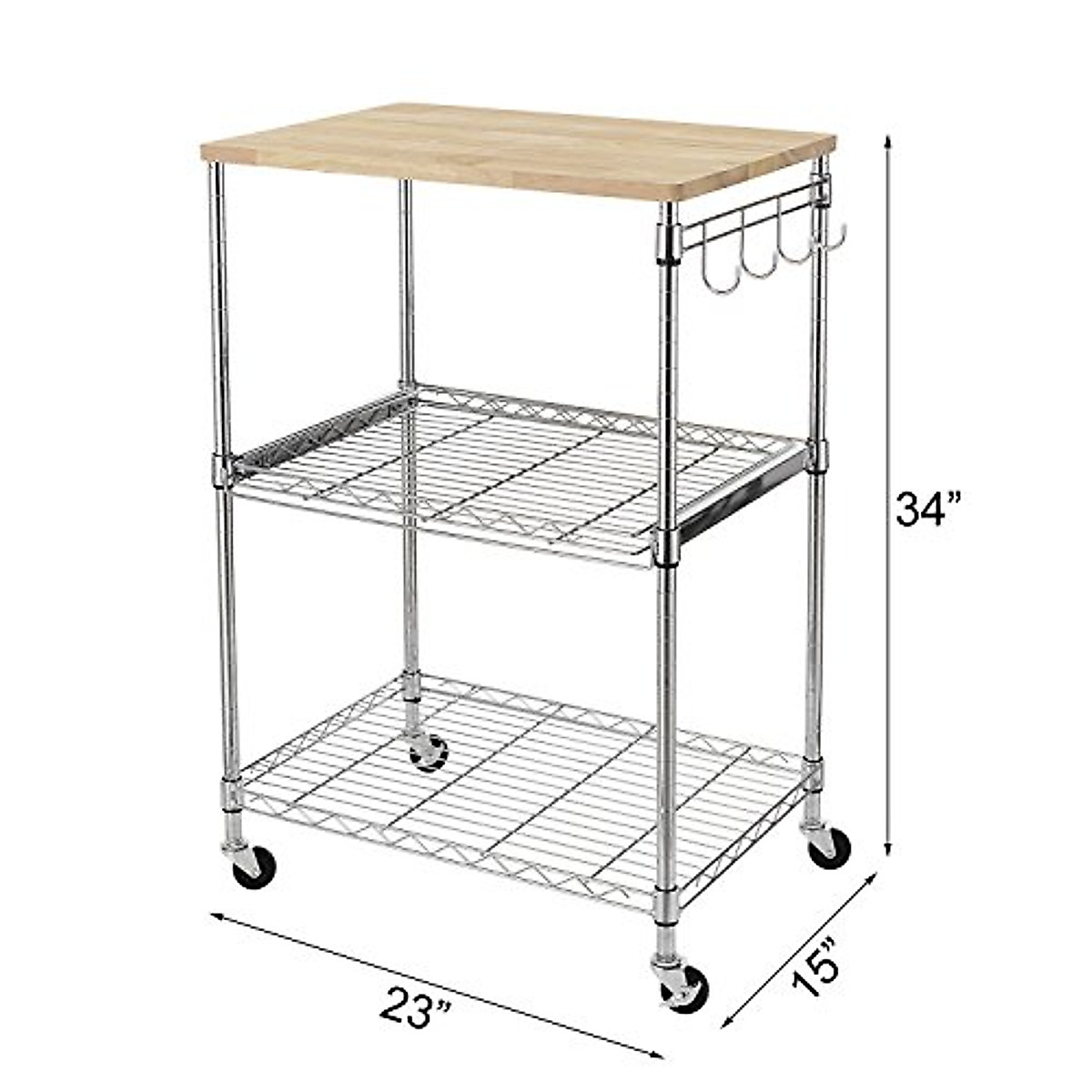 Finnhomy 3-Tier Wire Rolling Kitchen Cart, Food Service Cart, Microwave Stand, Oak Cutting Board and Chrome