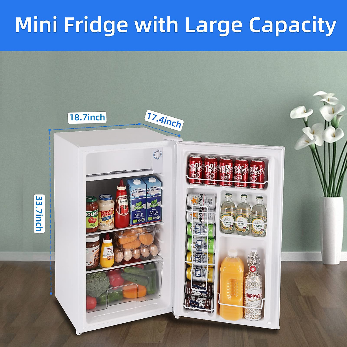 BANGSON Mini Fridge with Freezer, 3.2Cu.Ft, Single Door Small Refrigerator, Energy-Efficient, Low Noise, Mini fridge for Bedroom Dorm and Office, White
