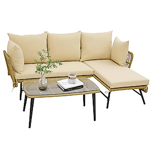 Tangkula Outdoor Wicker Furniture Set, 3-Piece L-Shaped Patio Sofa with Cushions & Tempered Glass Table, Heavy-Duty Metal Frame Perfect for Backyard, Decks, Gardens (Beige)