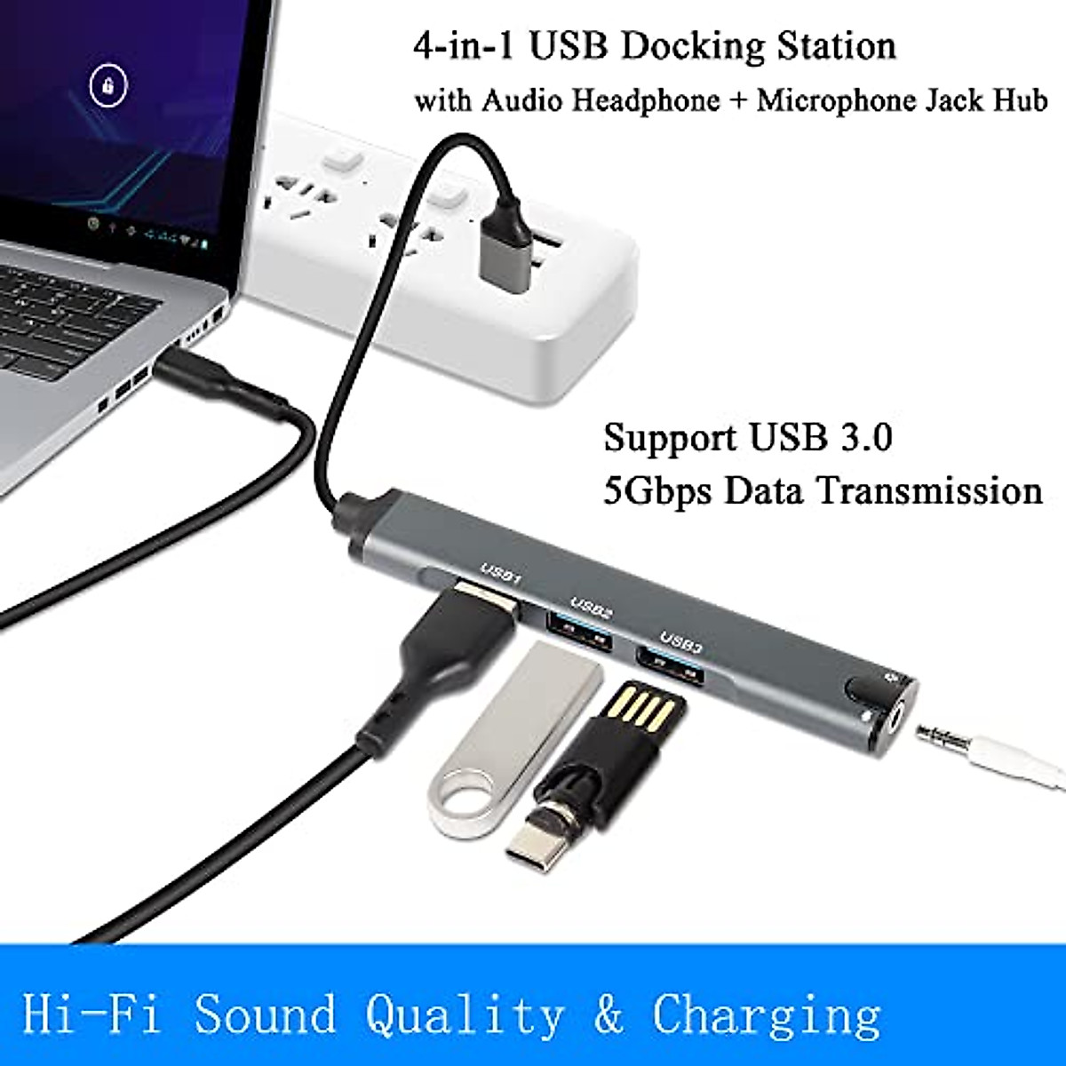 QIANRENON USB Hub, 4-in-1 USB Docking Station with 3.5mm Audio Headphone + Microphone Jack Hub Adapter USB 3.0 Multiport Allocator for Laptop Phone Headphone