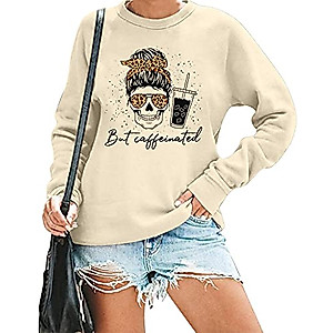 MOUSYA Halloween Skeleton Sweatshirt Women Skull Shirt Funny Coffee Skeleton Hoodie Fall Long Sleeve Pullover Tops