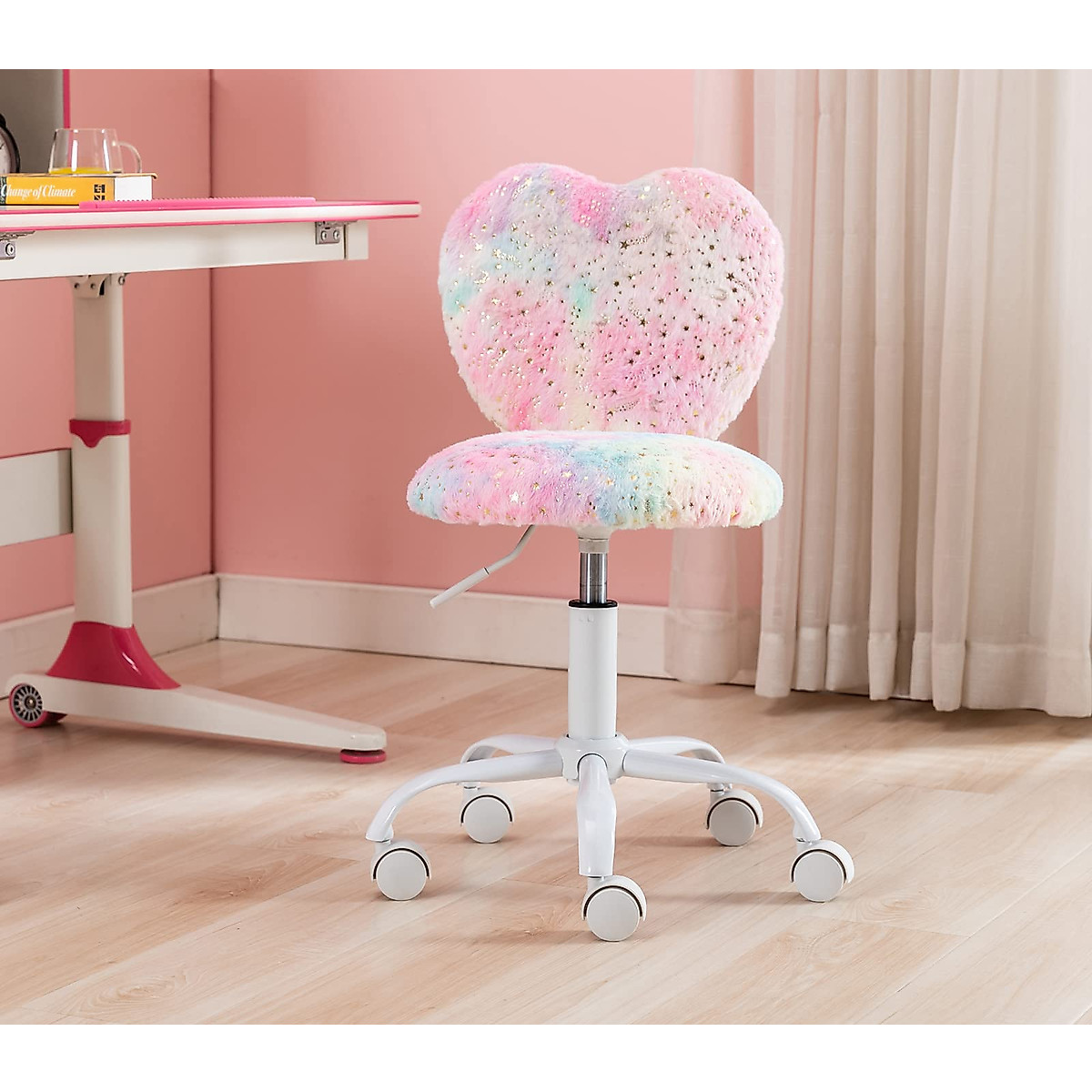 chairus Kids Desk Chair Faux Fur Study Chair for Teenage Girls, Adjustable Heart Shaped Kids Vanity Chair for Bedroom Reading Living Room, Small Cute Student Task Chair with White Foot, Colorful