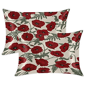 Poppies Satin Pillow Cases Silk Satin Pillowcase for Hair and Skin Standard Set of 2 Super Soft Silk Pillowcase with Envelope Closure (20x26 in)