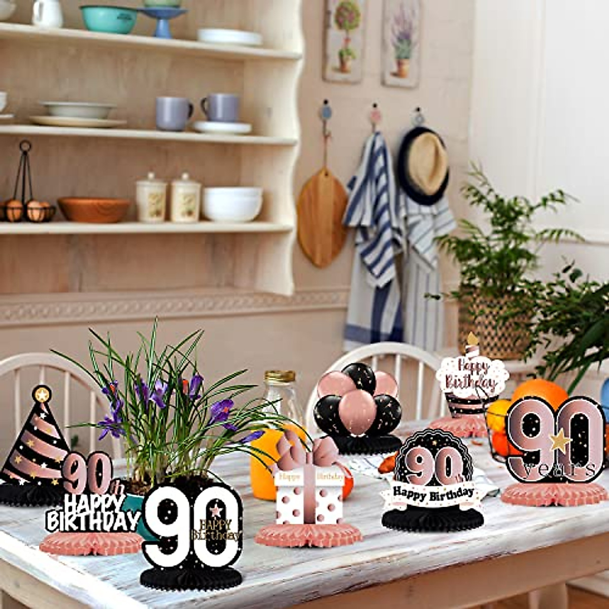 LINGTEER Happy 90th Birthday Rose Gold Table Honeycomb Centerpieces Cheers to 90th Birthday Ninety Years Old Party Table Decorations Gift Sign.