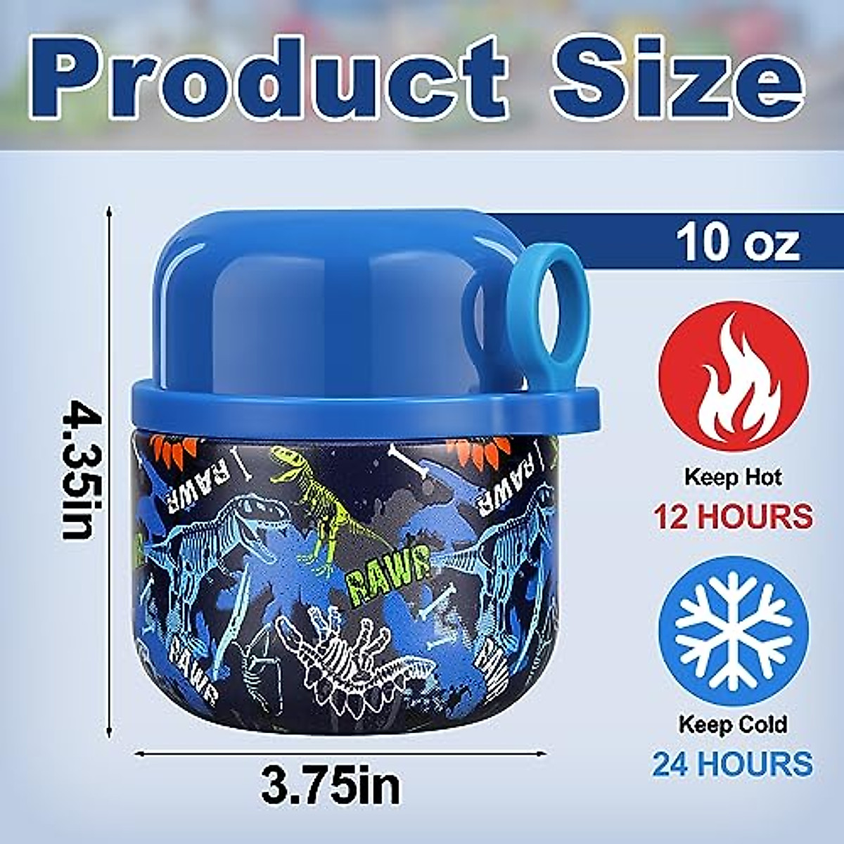Healthlif 10oz Kids Soup Thermos for Hot Food Insulated Food Jar,Ceramic Coating Thermos Hot Food Lunch Container, Width Mouth Stainless Steel Lunch Box with Spoon(Blue Dino)