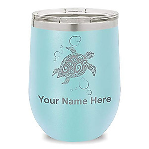SkunkWerkz Wine Glass Tumbler, Hawaiian Sea Turtle, Personalized Engraving Included (Light Blue)