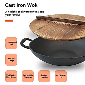 Keleday 14 Inch Cast Iron Wok with Lid, Non Stick, Pre-Seasoned Woks & Stir-Fry Pans with 2 Loop Handles, Uncoated Chinese Handmade Cast Iron wok, Suitable for All Cooktops
