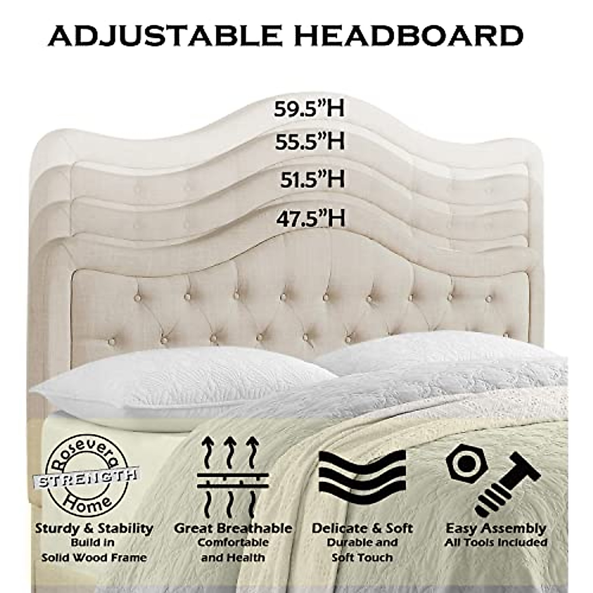 Rosevera Shinola Upholstered Collection Polyester Tufted Button Contemporary Adjustable Headboard for Bed, King, Beige