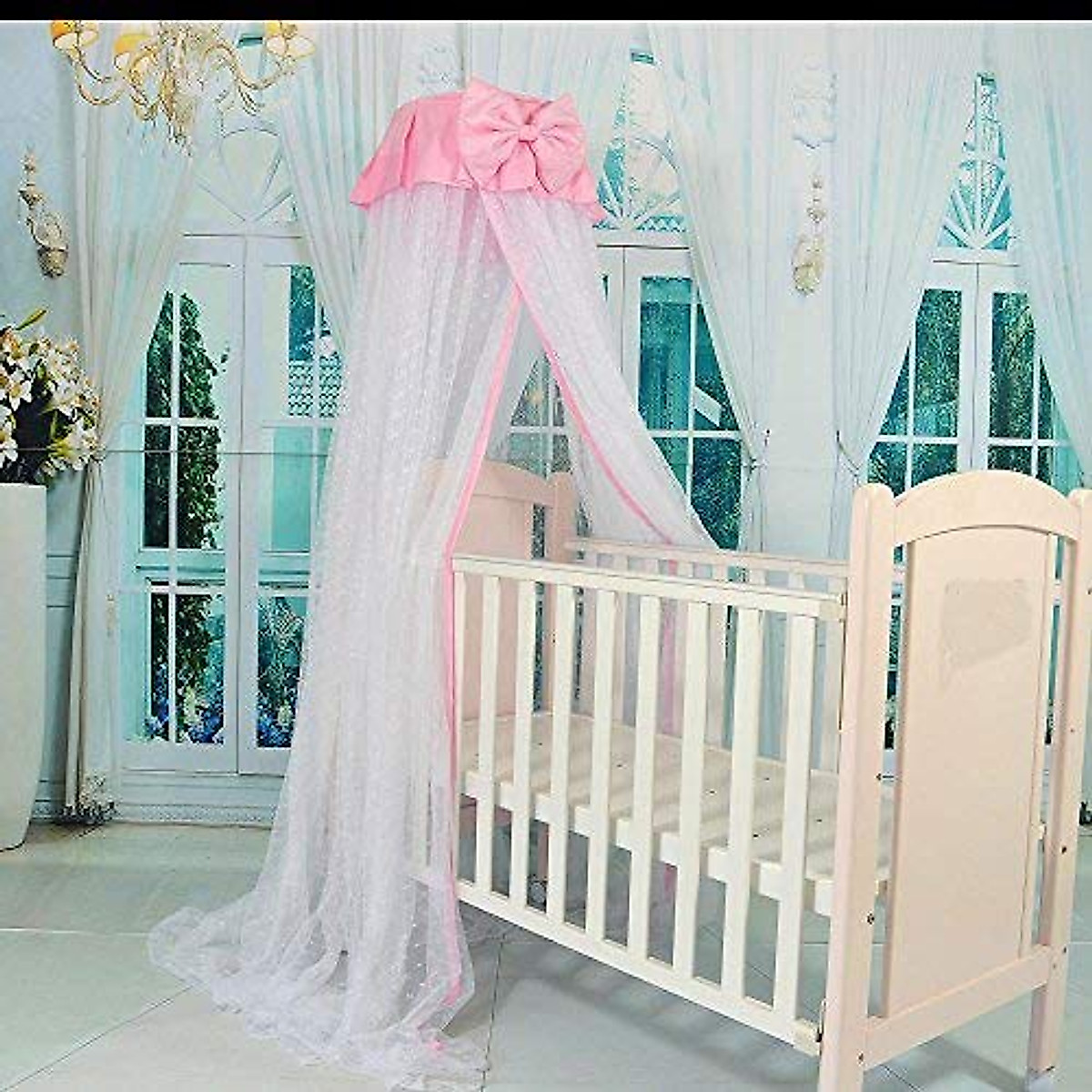 RuiHome Dome Style Hanging Princess Girls Mosquito Net Nursery Crib Bed Canopy Pink Bowknot Decor, Without Bracket Stand