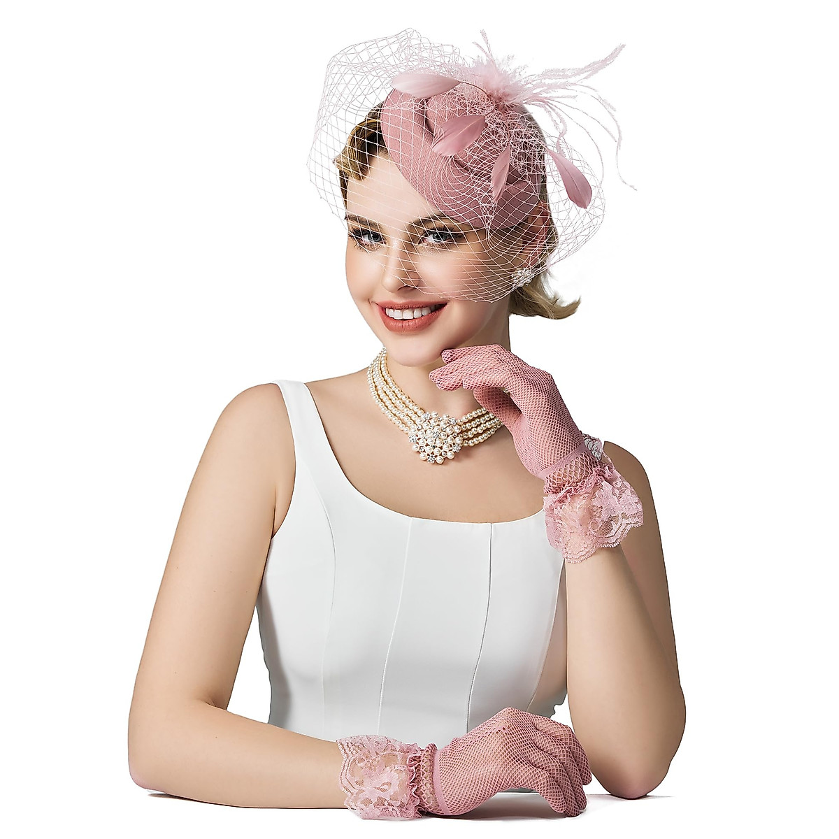 SWEETV Fascinators Pillbox Hats for Women, Tea Party Hat and Short Lace Gloves Set for Kentucky Derby, Cocktail, Wedding, Fancy Dress Party, Dusty Pink
