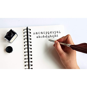 Quill Pen and Ink Set Turkey Feather Pen with 5 Steel Replacement Nibs and Dip Ink Bottle in Vintage Gift Box for Antique Calligraphy - Brown