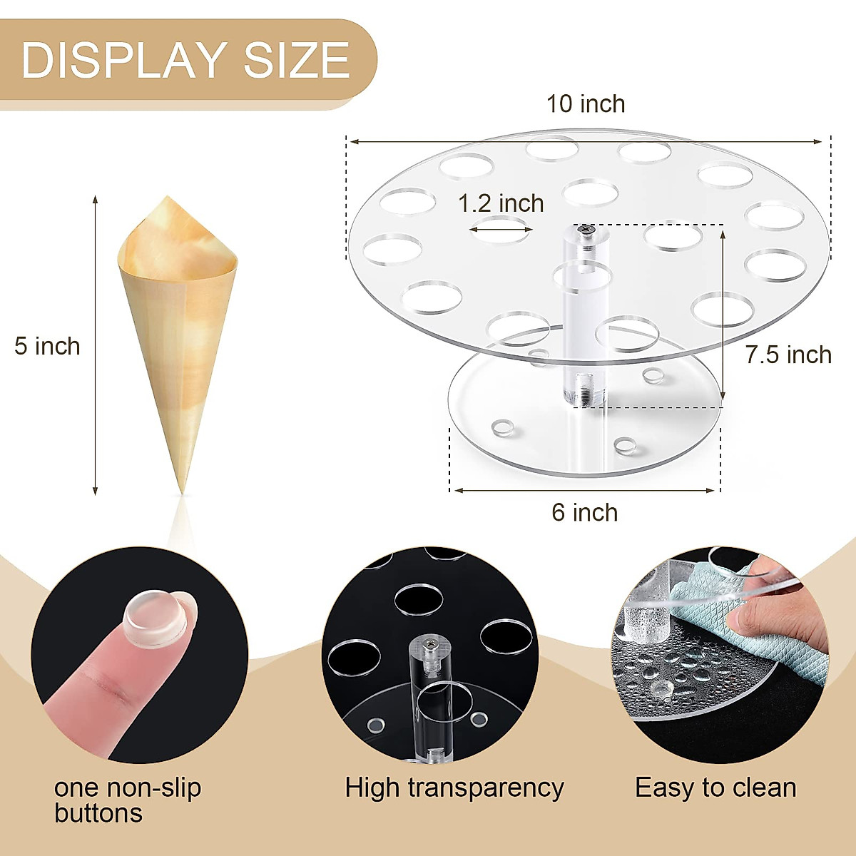 2 Pieces Ice Cream Cone Holder with 100 Pieces Disposable Wood Cones, 16 Holes Food Stand Acrylic Cone Display Stand Hand Roll Sushi Stand Rack for Weddings Baby Showers Birthday Parties Favors