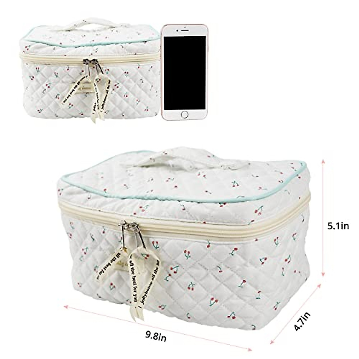 CAIYING Kawaii Coquette Makeup Bag Large Capacity Travel Cosmetic Bag Cotton Makeup Bag Quilted Cosmetic Pouch Coquette Aesthetic Floral Toiletry Bag