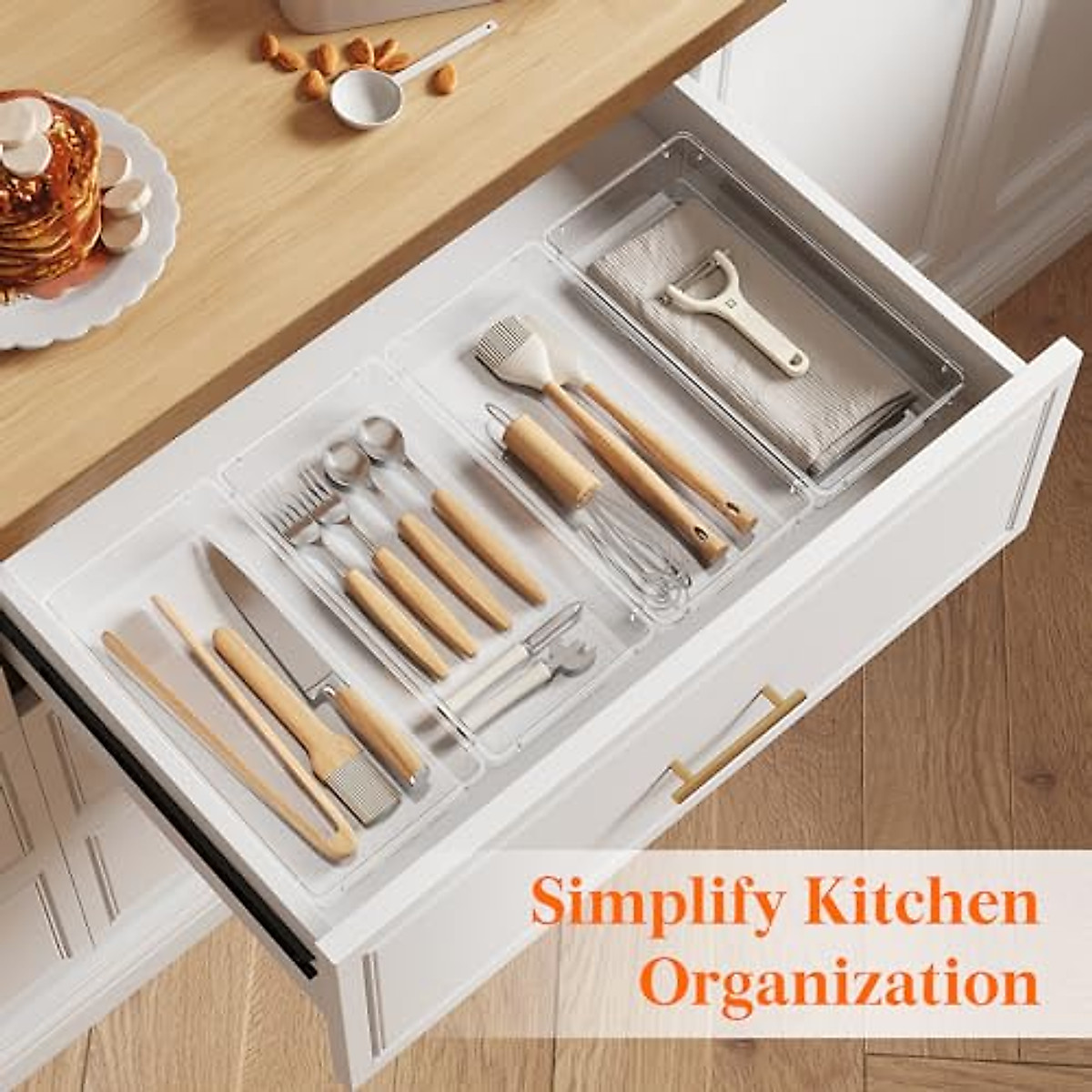 Lifewit Silverware Drawer Organizer, 5.75" x 11.65" Clear Utensil Tray for Kitchen Drawer, Stackable Plastic Flatware and Cutlery Storage Box Divider for Spoons Forks Knives Tools, 4 Pack