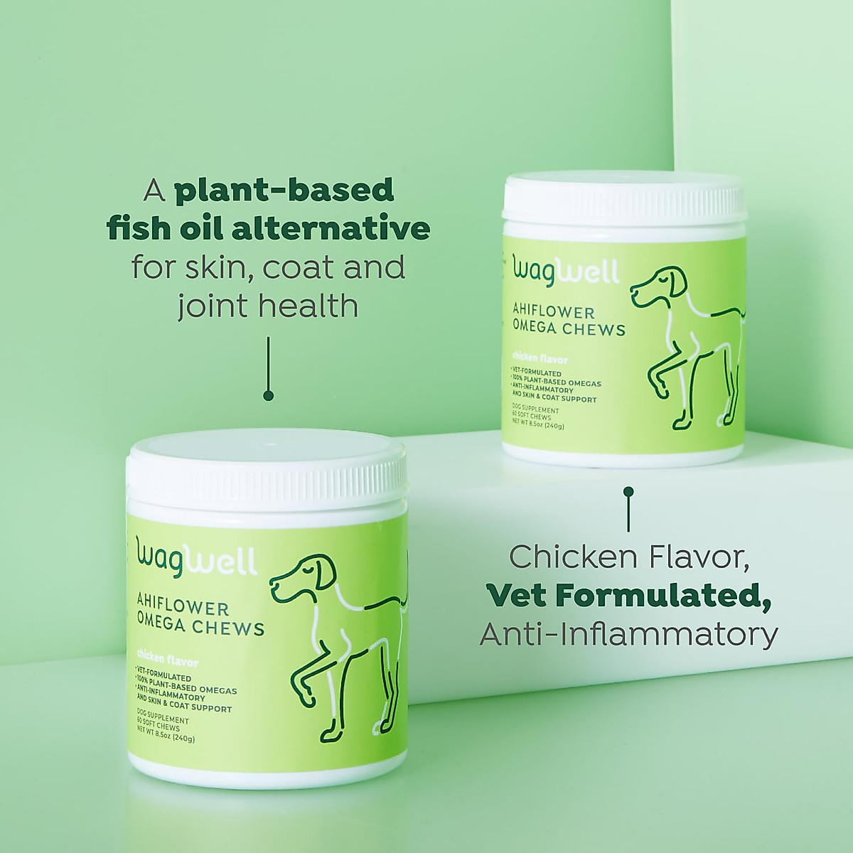 WagWell Ahiflower Omega Oil Dog Chews - Vet-Formulated Skin, Coat, Hip and Joint Chews for Dogs - Plant-Based Omega 3, 6 and 9 Supplement - Natural Chicken-Flavored Dog Omega Oil Bites, 60 Soft Chews