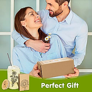 Nefelibata Daisy Iced Coffee Cup Birth Flower Beer Glass Can 16OZ Drinking Cup with Bamboo Lid Metal Straw Cleaning Brush April Birth Flower Spring Floral Decor Birthday Gifts for Mom Mother's Day