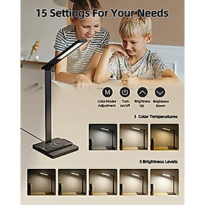 Flymuda LED Desk Lamp with 15W Wireless Charger & USB Charging Port, EyeCare Desk Light with 3 Lighting Modes, 5 Brightness Levels, Touch Control, 24W Adapter, Black Desk Lamp for Home Office