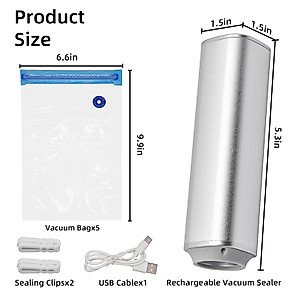 Electric Vacuum Sealer Machine，Mini Handheld Vacuum Sealer，with 5 Reusable Zipper Vacuum Bags and 2 Cooking Clips for Food Storage and Sous Vide Cooking