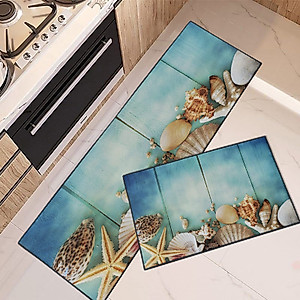 ArtSocket Kitchen Rugs and Mats Non Skid Washable Set of 2, Summer Star Sea Kitchen Runner Rug, Shells Wooden Blue Beach Vintage Kitchen Floor Mat Under Sink Mat Throw Rug for Doormat Waterproof