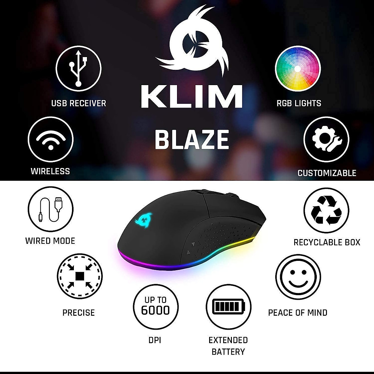 KLIM Wireless Bundle - RGB Mouse + Keyboard - Light v2 Wireless Gaming Keyboard + Blaze Wireless Gaming Mouse - Version New Version - Black