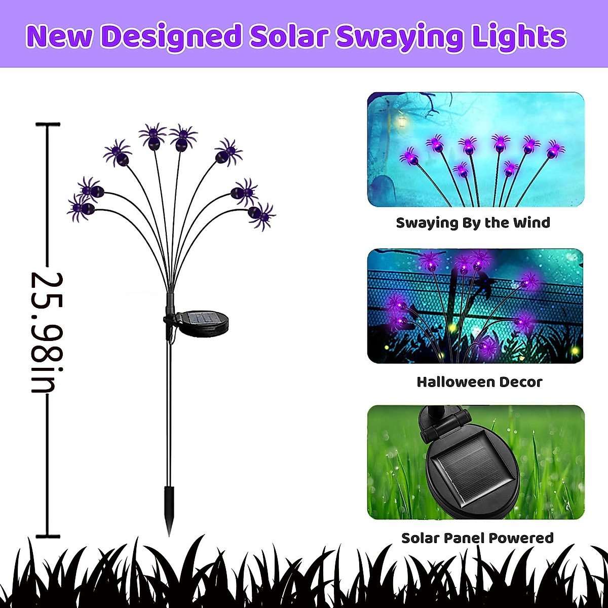 5 Pack Halloween Spider Lights Solar Powered Outdoor Waterproof, Purple Solar Swaying Firefly Lights, 2 Modes 40-LED Solar Garden Lights, Halloween Decorative Stake Pathway Lights Firefly Lights