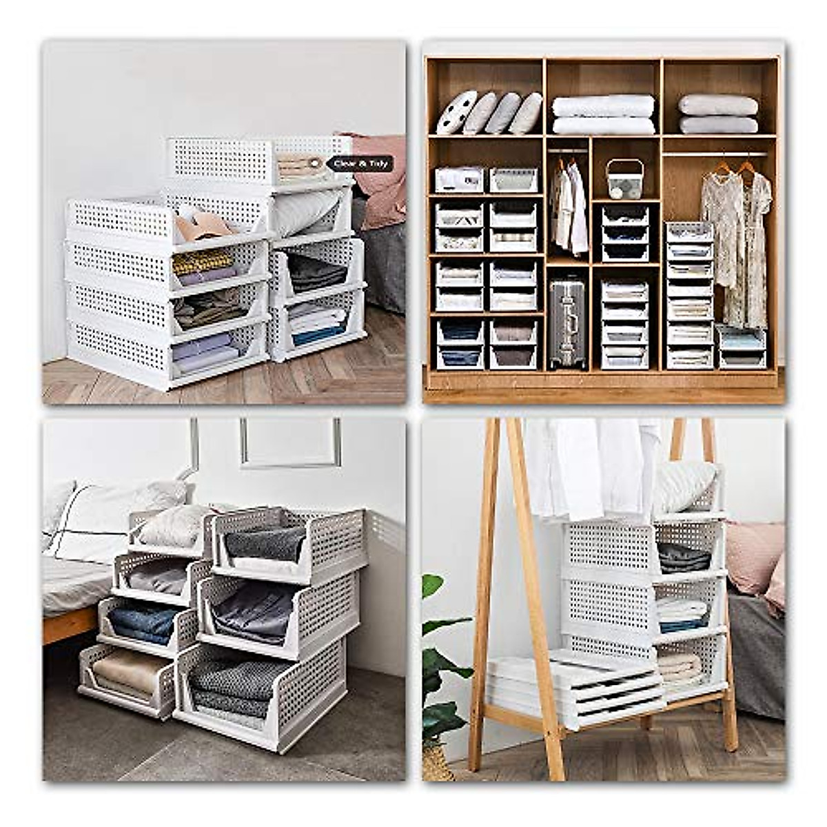 Ygapuzi 4Pack Stackable Clothes Storage Basket Organizer Sliding Cabinet Drawer Shelf DIY Divider Separator Desktop Container for Wardrobe Cupboard Kitchen Bathroom Office (White)